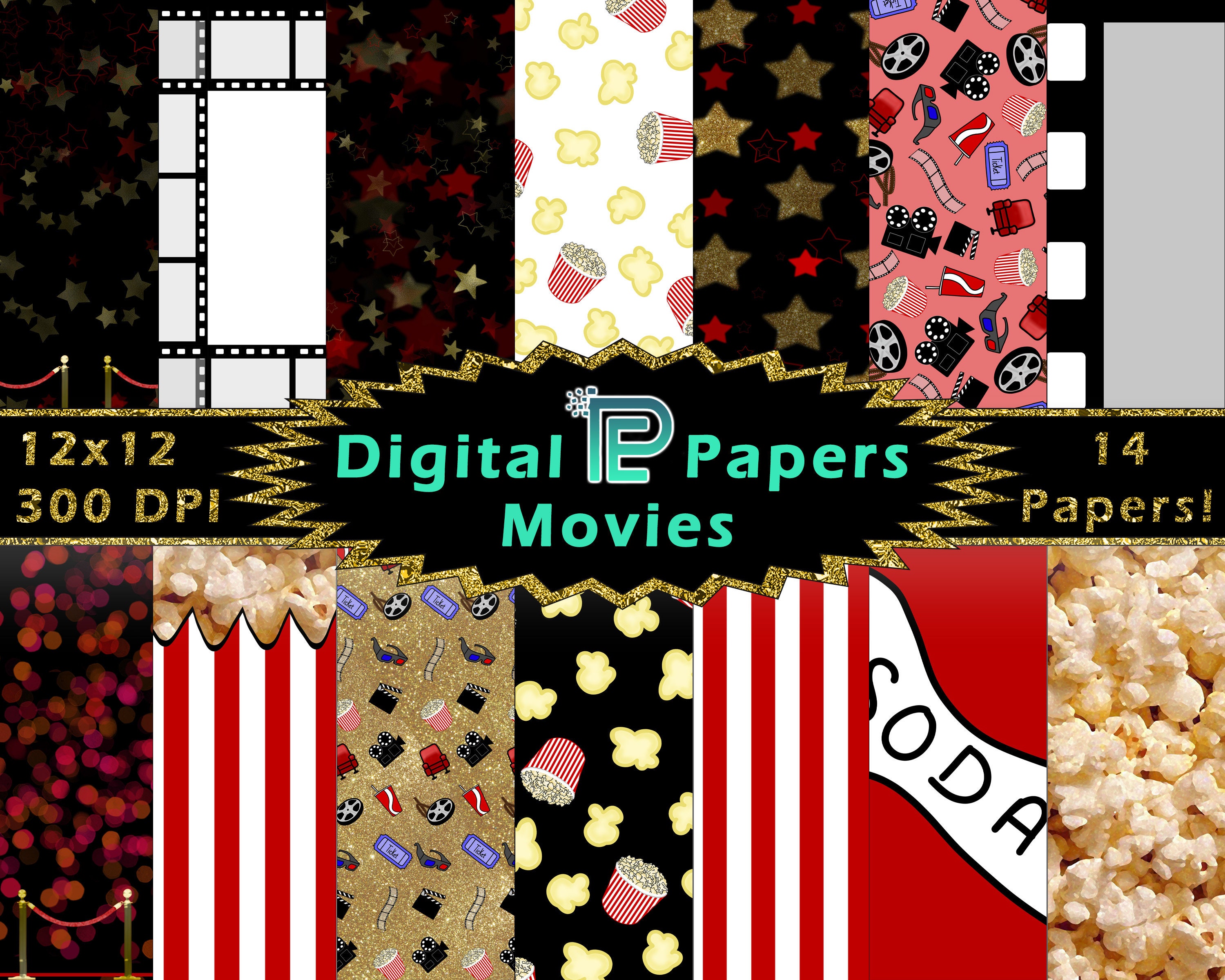 Movies Digital Paper // Digital Background // Popcorn // Hollywood ...