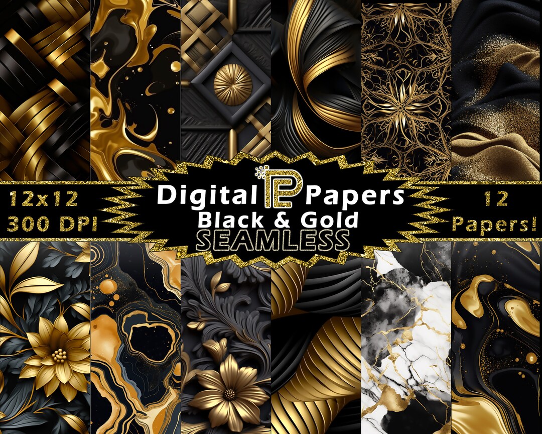 Seamless Black and Gold Digital Paper Pack // Black and Gold Digital ...
