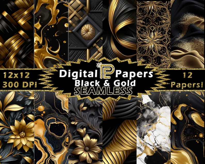 Seamless Black and Gold Digital Paper Pack // Black and Gold Digital ...
