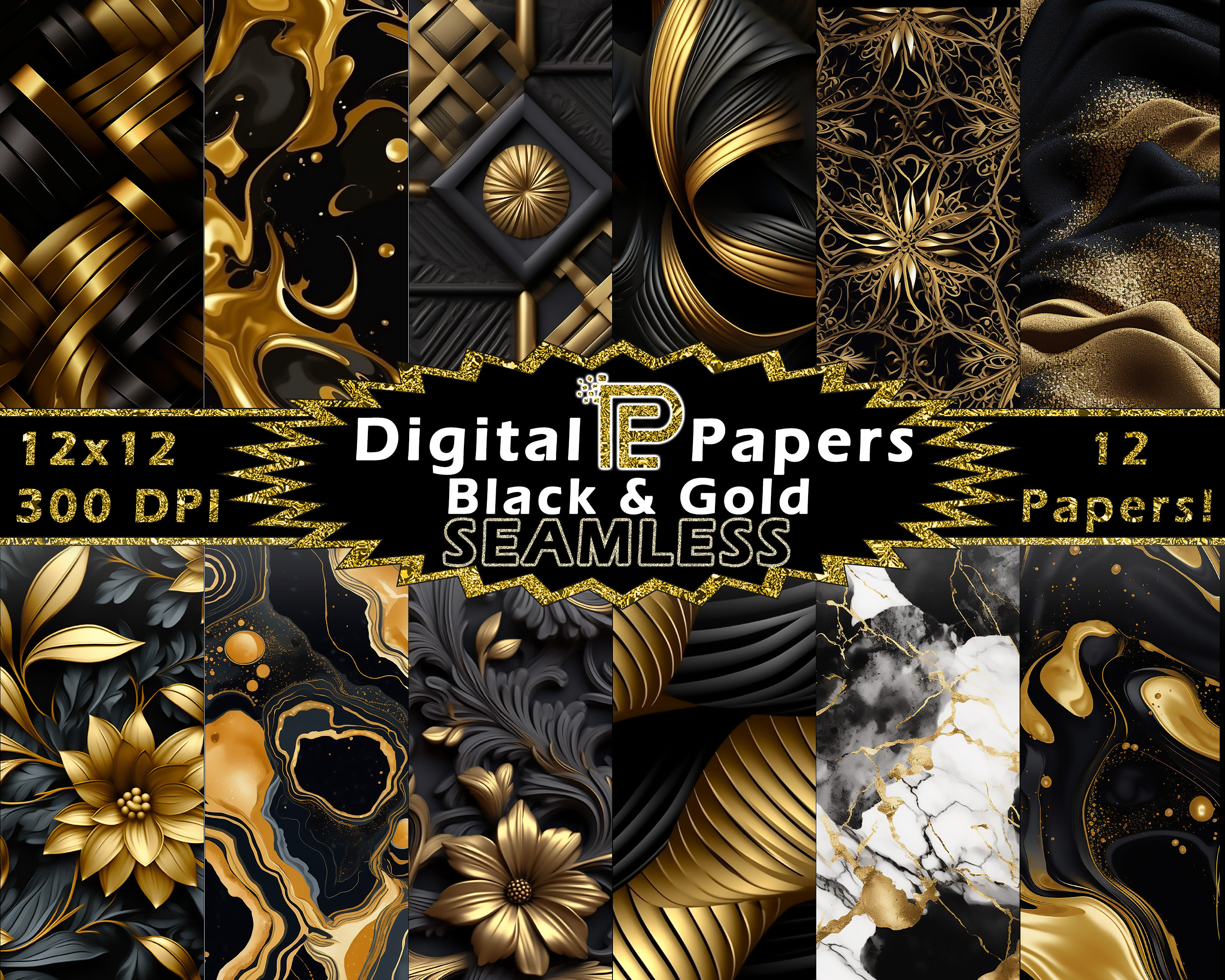 Seamless Black and Gold Digital Paper Pack // Black and Gold Digital ...