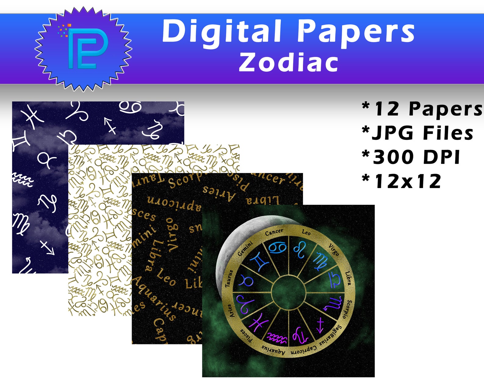 Zodiac Sign Digital Paper // Astrology Digital Paper Pack ...