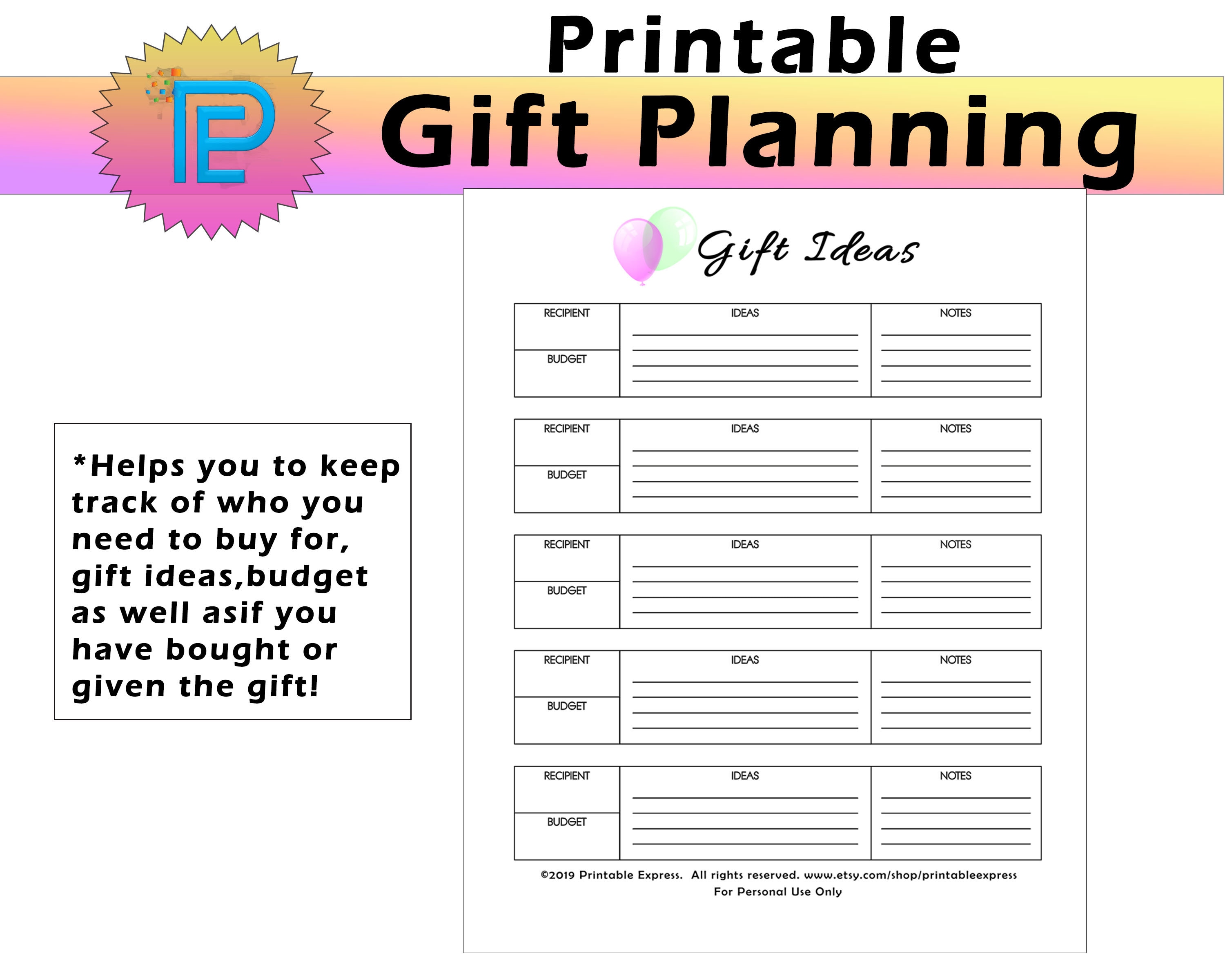 Gift Planning Printable,big Happy Planner Inserts, Printable Tracker - Etsy