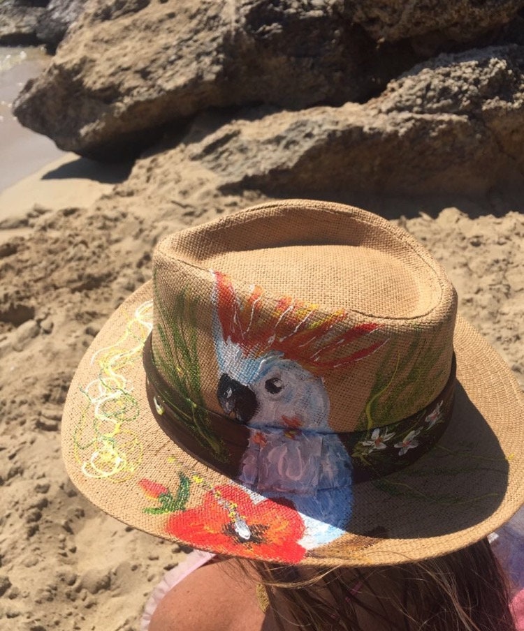 Handpainted Panama Hat, White Parrot Hat, Greek Straw Hat, White Parrot ...