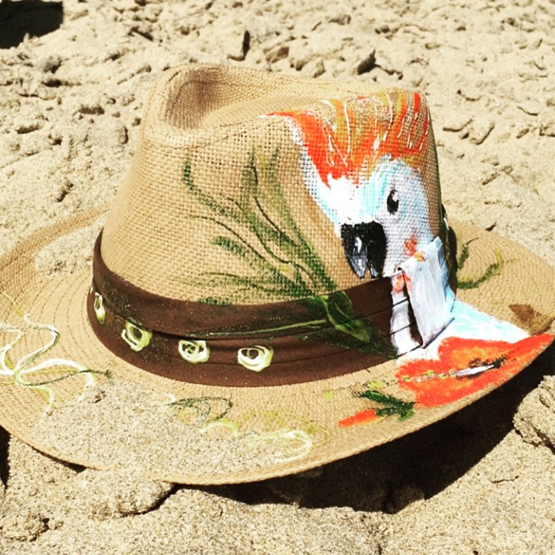 Handpainted Panama Hat, White Parrot Hat, Greek Straw Hat, White Parrot ...