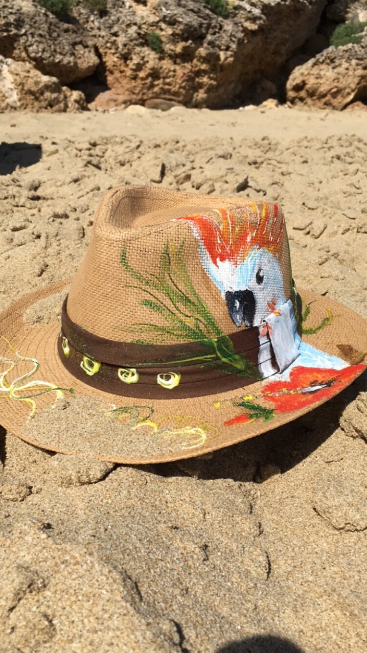 Handpainted Panama Hat, White Parrot Hat, Greek Straw Hat, White Parrot ...