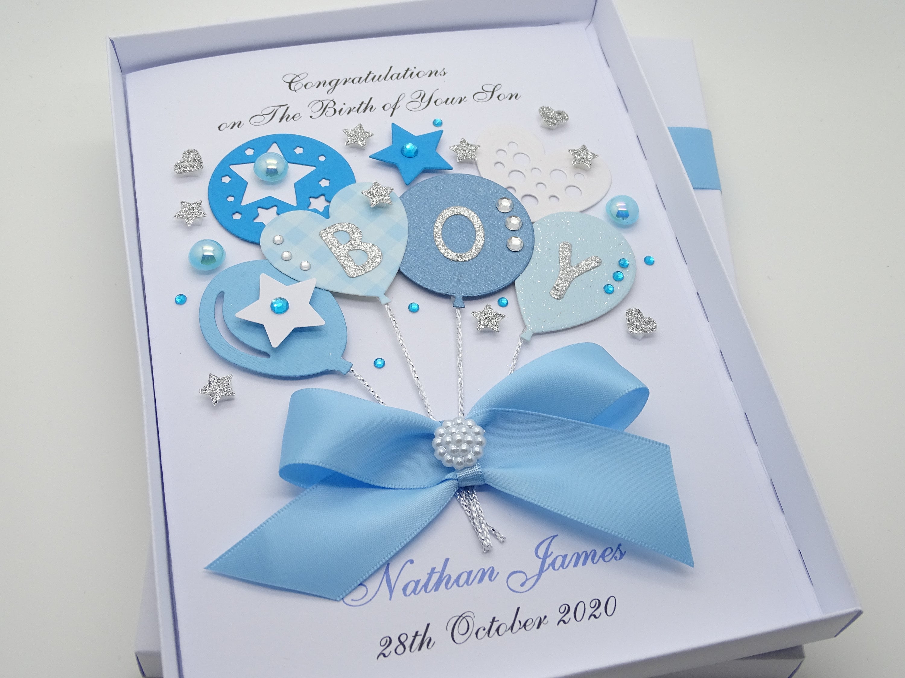 HANDMADE Luxury Personalised NEW BABY Expecting Card Boy Gift Box Blue ...
