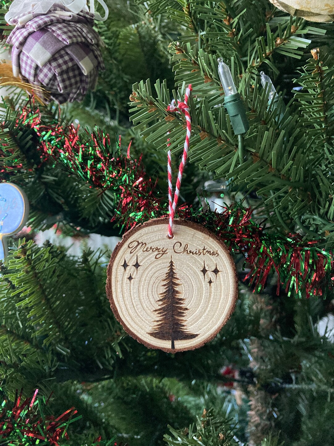 Christmas Wood Burned Ornament, Pine Tree Ornament, Merry Christmas ...