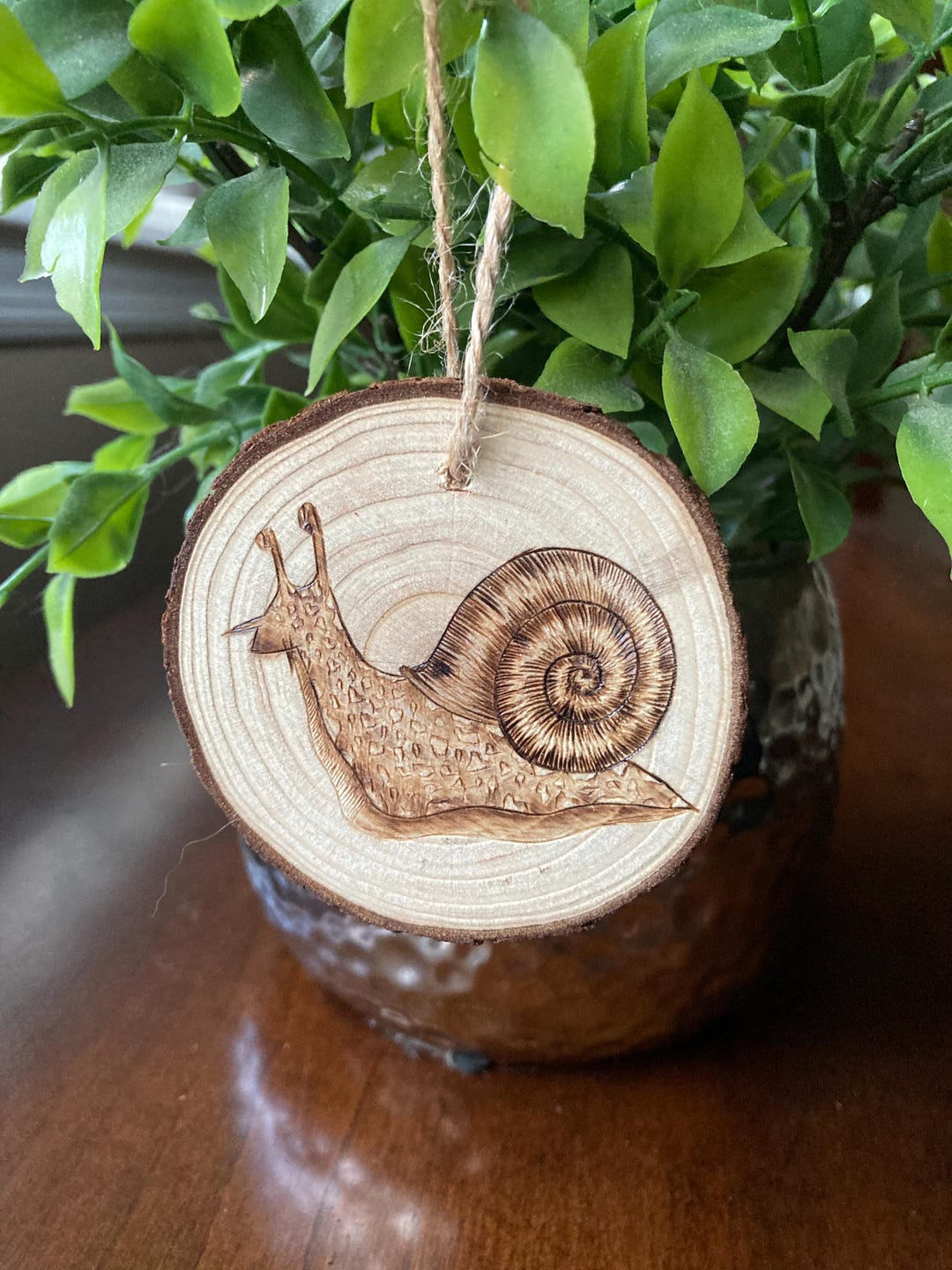 Christmas Wood Burned Ornament, Snail Ornament, Rustic Ornaments, Rustic Decor, Pyrography ...