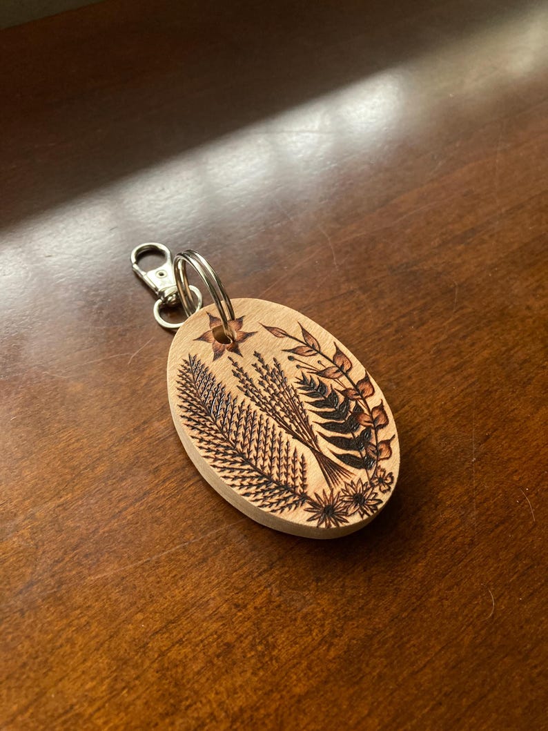Wood Burned Keychain, Wooden Keychain, Keychain Charm, Floral Keychain ...