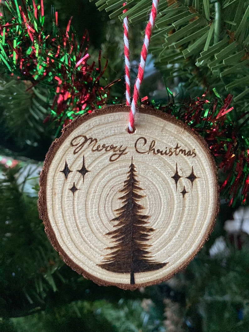 Christmas Wood Burned Ornament, Pine Tree Ornament, Merry Christmas ...