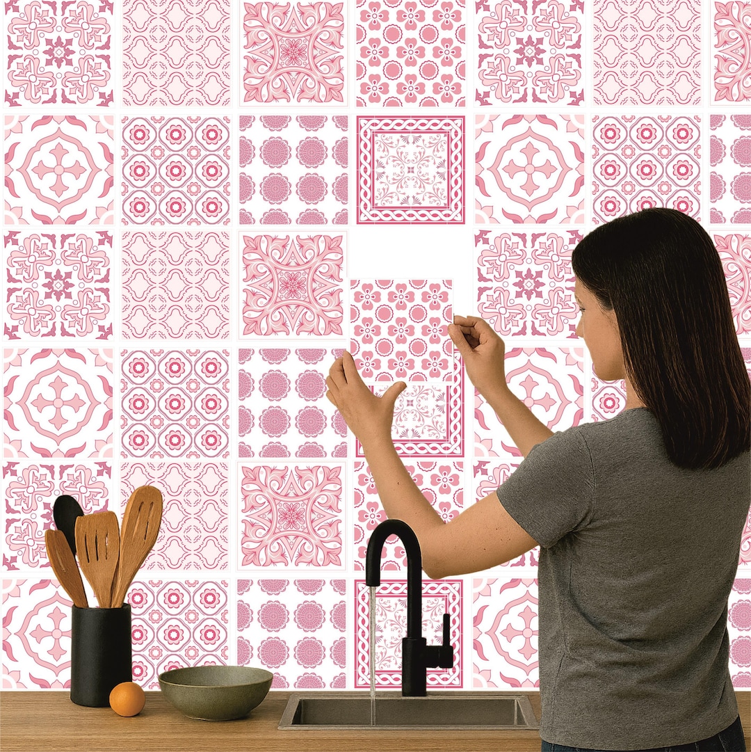Mosaic Pink Tile Stickers, 16 per Pack, Waterproof Transfers for 100mm ...