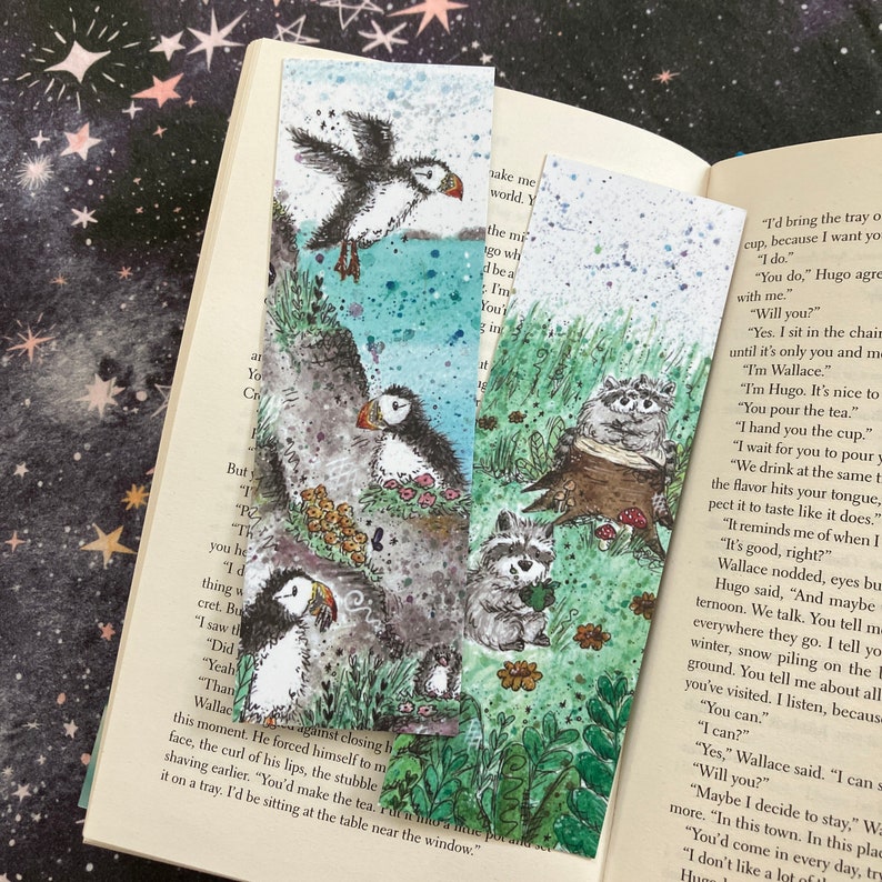 Illustrated Bookmarks Puffins Raccoons Watercolours Book - Etsy