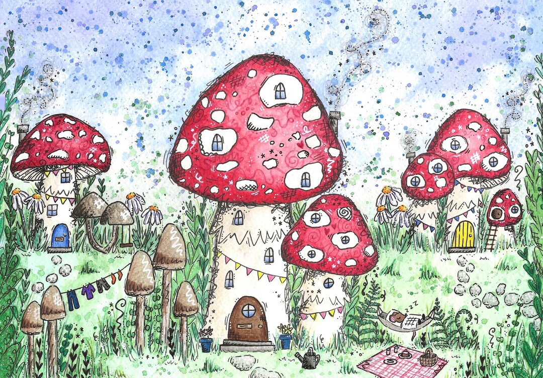 A4 Cosy Toadstool Village Original Painting Watercolours, Splatter Art ...