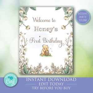 Winnie the Pooh Welcome Poster, Classic Winnie the Pooh First Birthday ...
