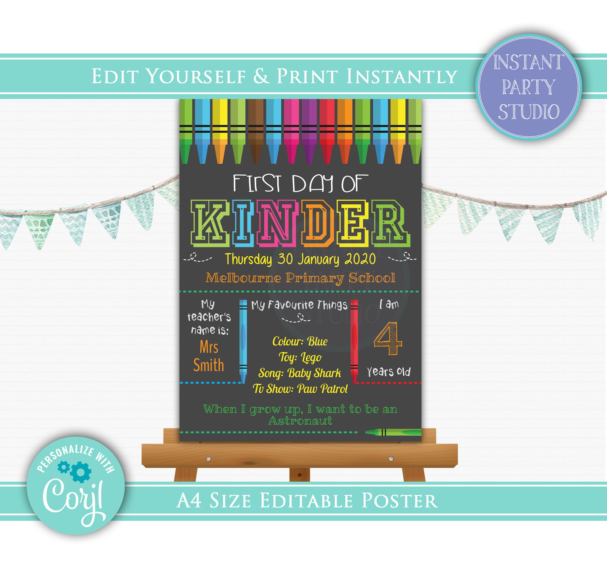 First Day of Kindergarten Poster, Editable First Day of School Sign ...