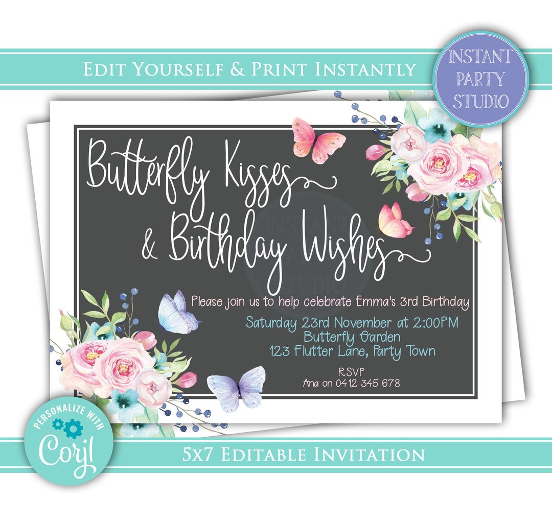 Butterfly Kisses Birthday Wishes Invitation Birthday Invite Etsy