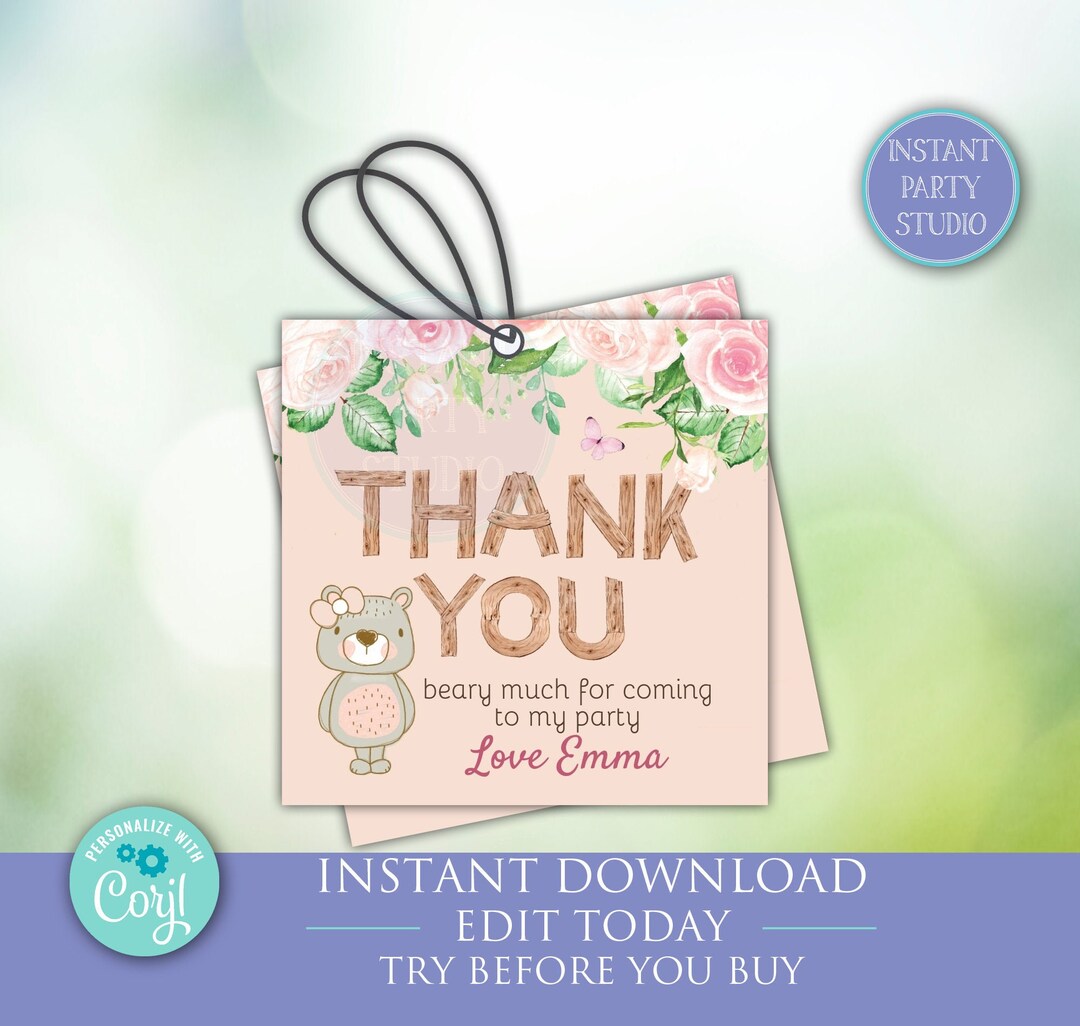 Teddy Bear Favor Tag, Teddy Bear Birthday Thank You Tag, Editable Teddy ...