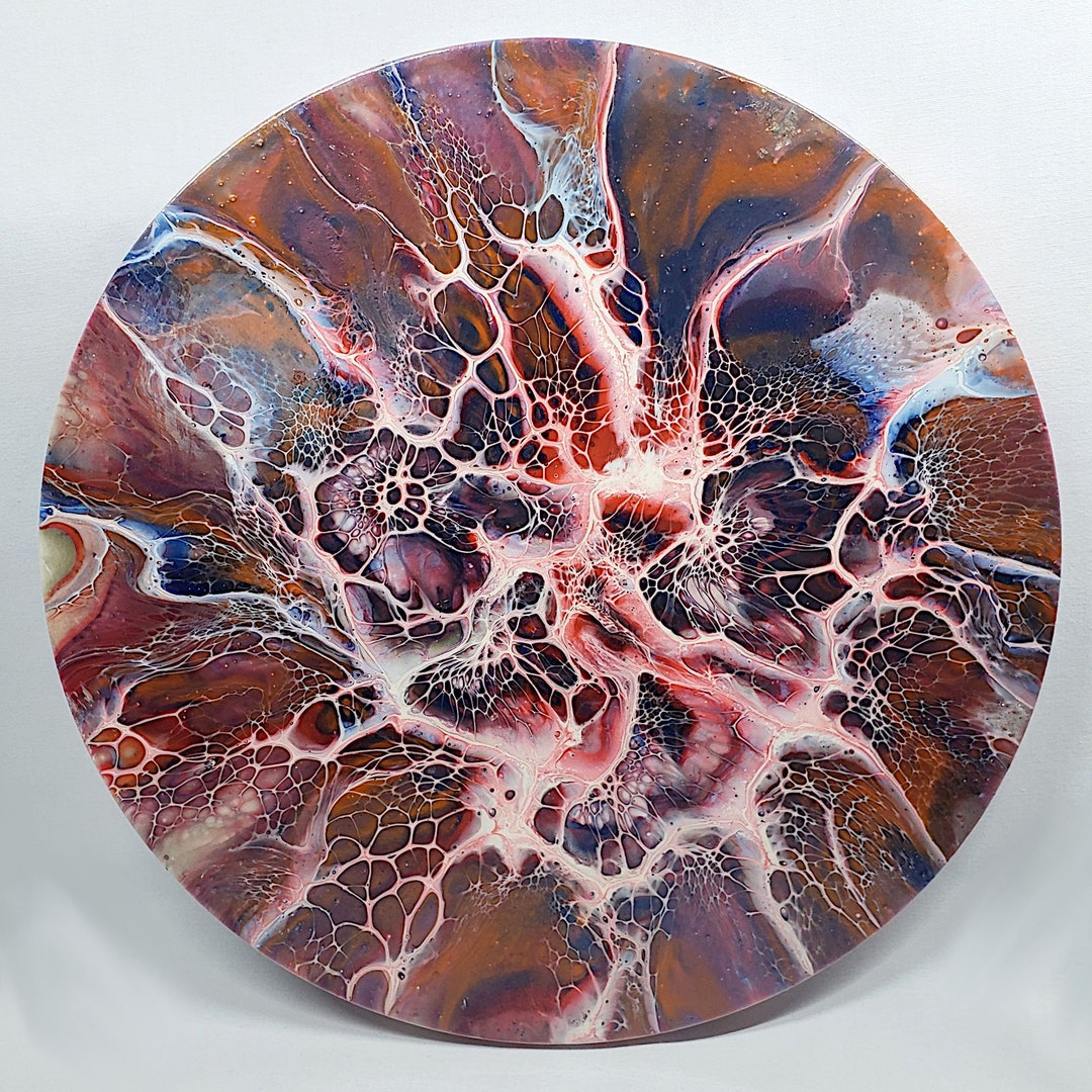 Circular Trippy Fluid Art Painting on Wood, 30cm Round Abstract Acrylic ...