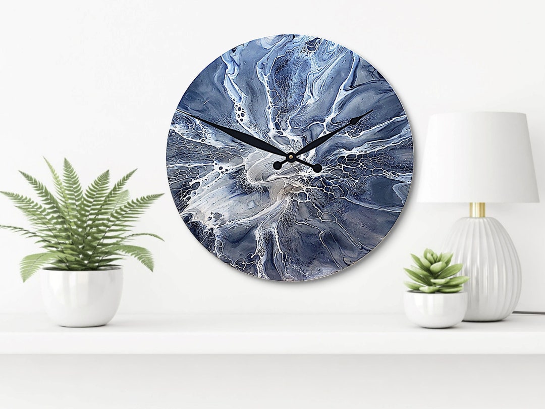 Large Indigo Blue & Silver Kitchen Wall Clock, on Trend Oversized 40cm ...