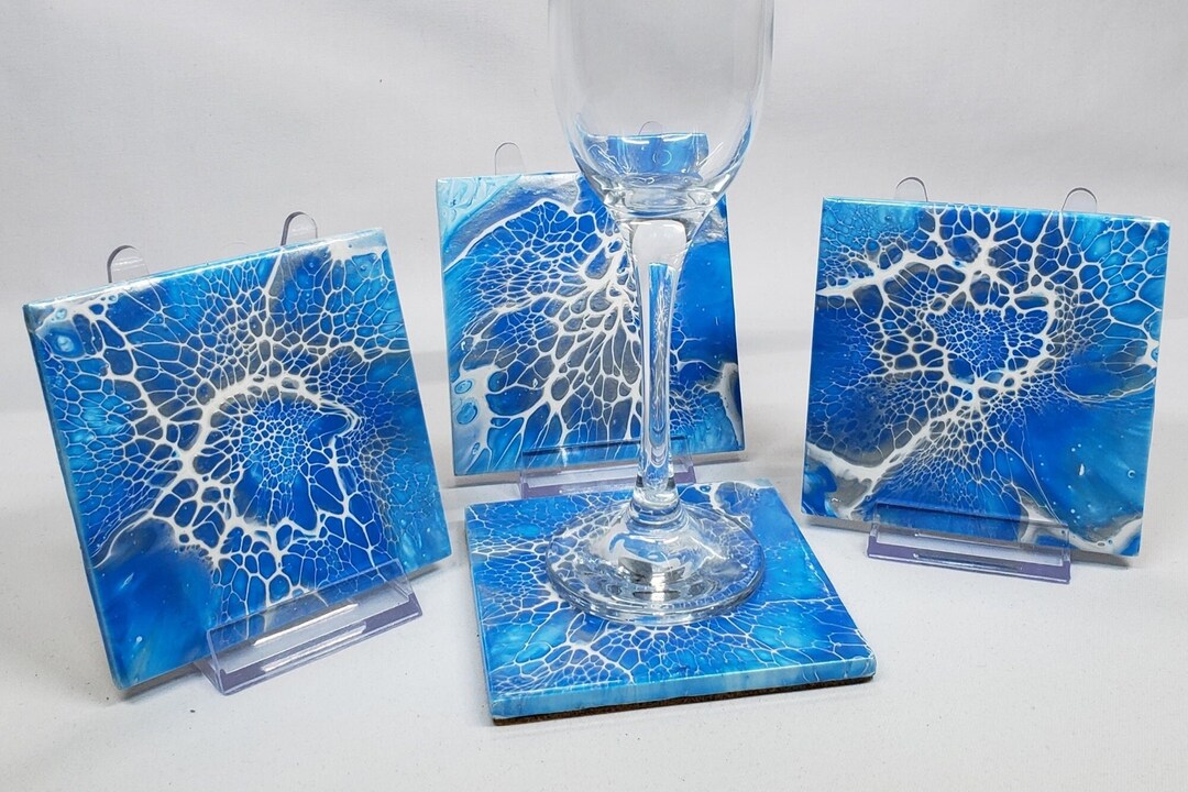 Ceramic Tile Coaster Set With a Modern Blue Design, Fluid Acrylic Pour ...