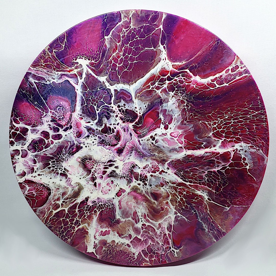 Quirky Circular Fluid Art Painting on Wood, Round Abstract Modern ...