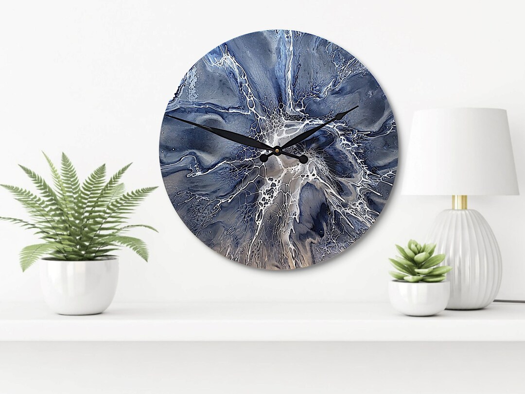 Large Indigo Blue & Silver Kitchen Wall Clock, on Trend Oversized 40cm ...