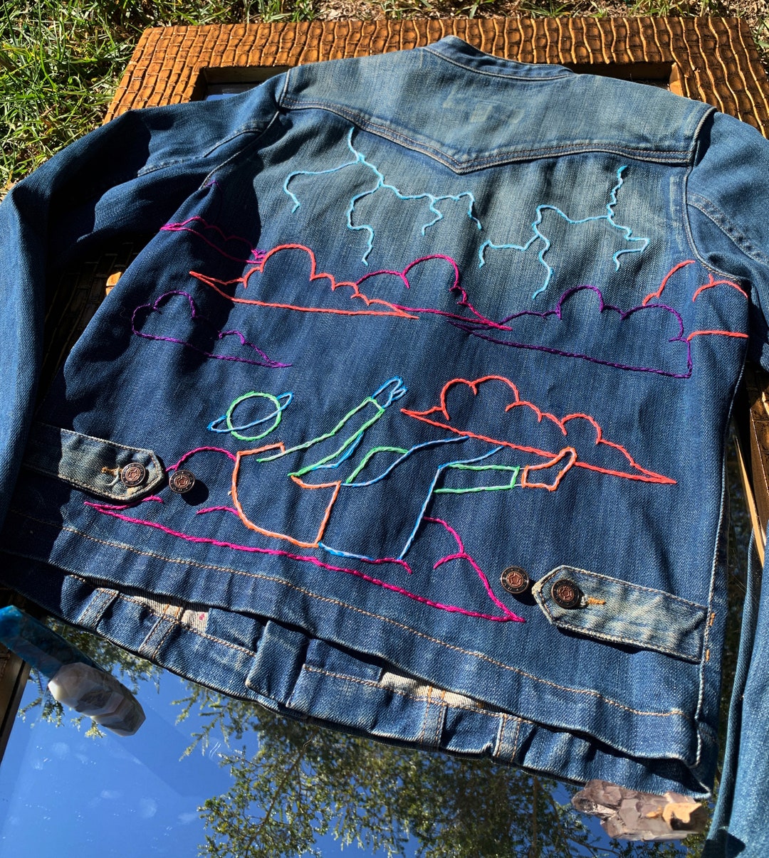 Neon Patch Work Upcycle Denim Jacket | Embroidery Minimalist Art ...