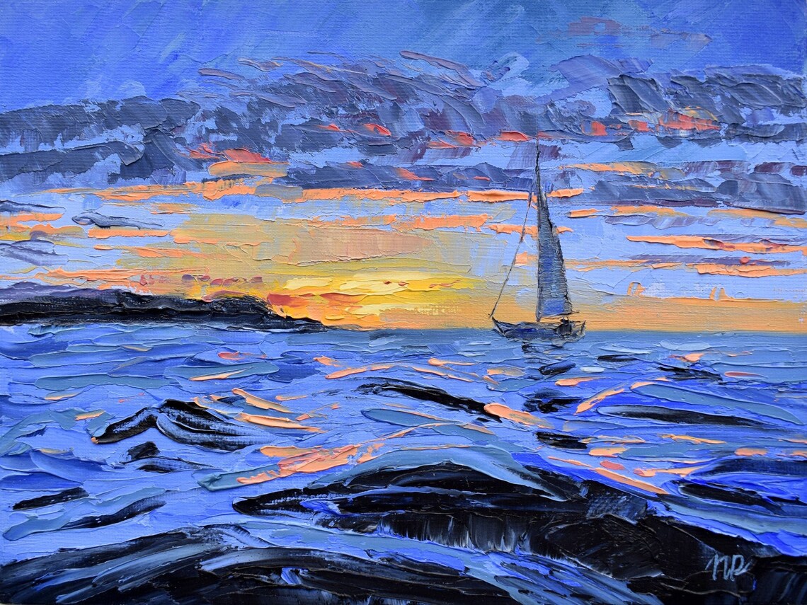 BOAT Oil Painting SUNSET Oil Painting on Canvas Panel 7x | Etsy