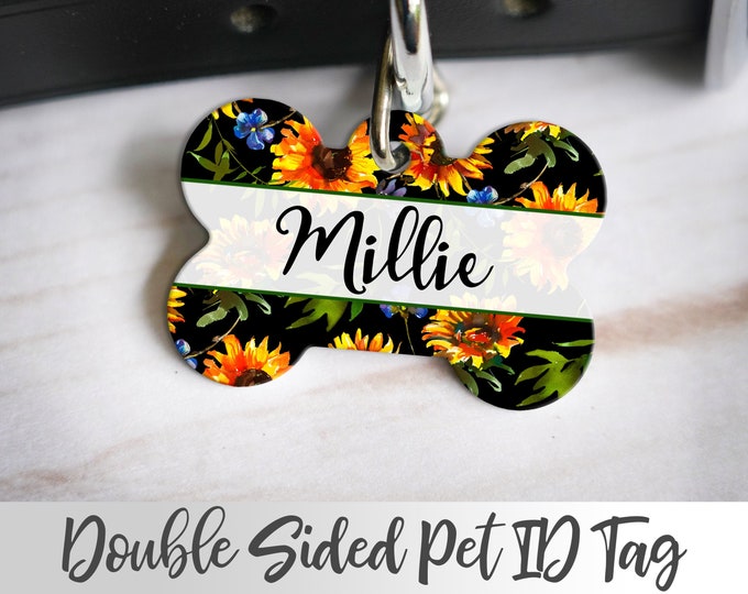 Sunflower Dog Tag, Cute ID Tag, Dog ID Tag for Dog, Bone Shaped Dog Tag ...