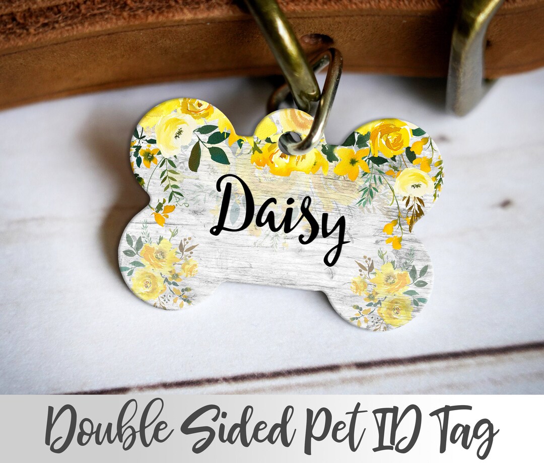 Yellow Floral Dog Tag, Rustic Dog Tag, Faux Wood ID, Cat ID Tag, Dog ID ...
