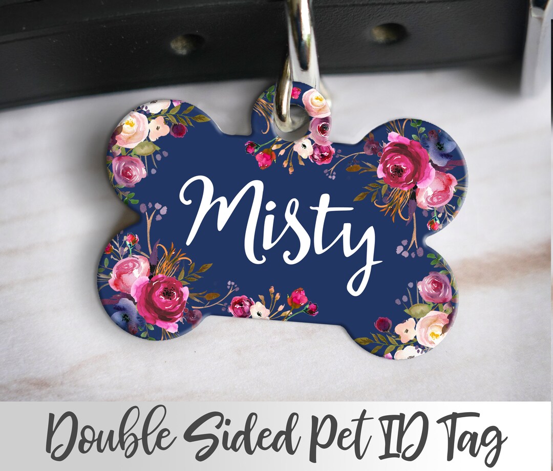Pink Flowers Navy Faux Wood Dog Tag, Navy Dog Tag, Floral Pet Tag, Girl ...