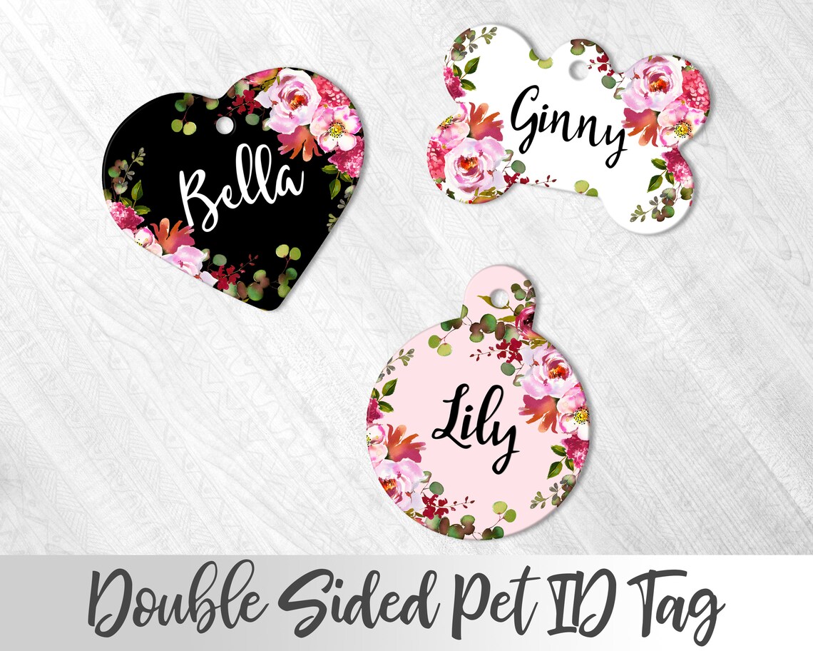 Pretty Dog Tag for Dog Pink Flowers Dog Tag Dog Name Tag | Etsy