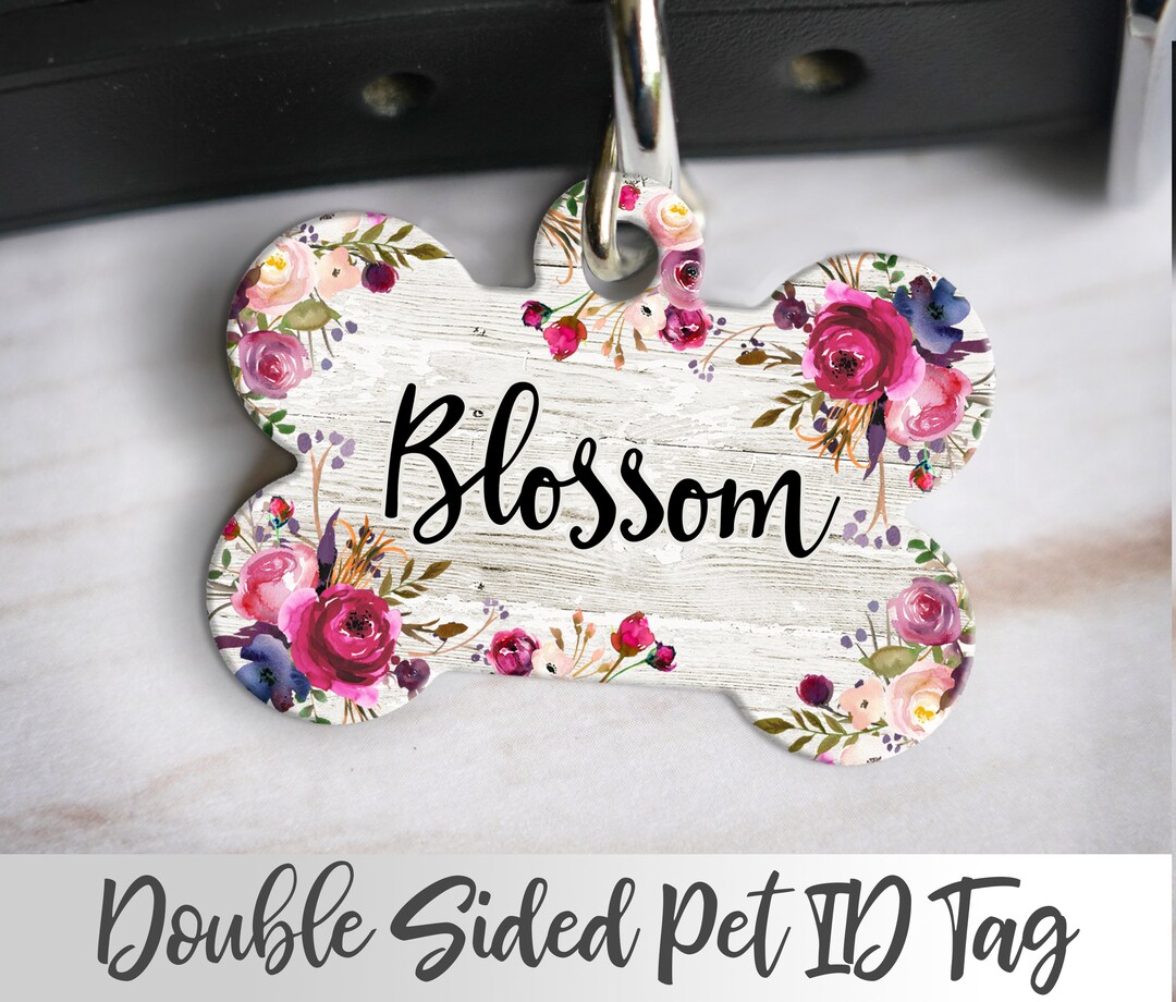 Pink Flowers Faux Wood Dog Tag, Pink Dog Tag, Floral Pet Tag, Girl Dog ...