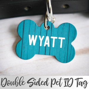 Faux Wood Pet ID Tag, Blue Dog Tag, Round Shaped Pet Tag, Dog Name Tag ...