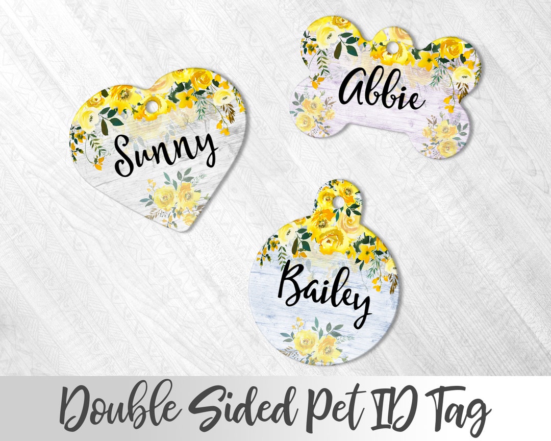 Yellow Flowers Dog Tag, Rustic Floral Dog Tag, Faux Wood ID, Cat ID Tag ...