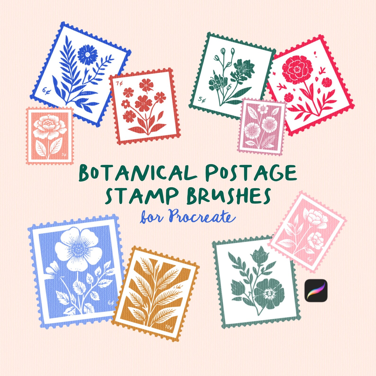 30 Botanical Postage Stamps Brush Set for Procreate - DIGITAL DOWNLOAD ...