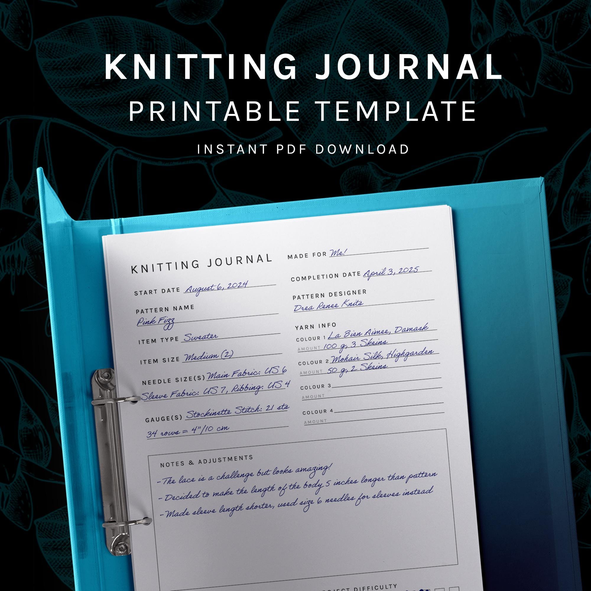 Knitting Project Journal & Pattern Planner | Printable PDF - Etsy