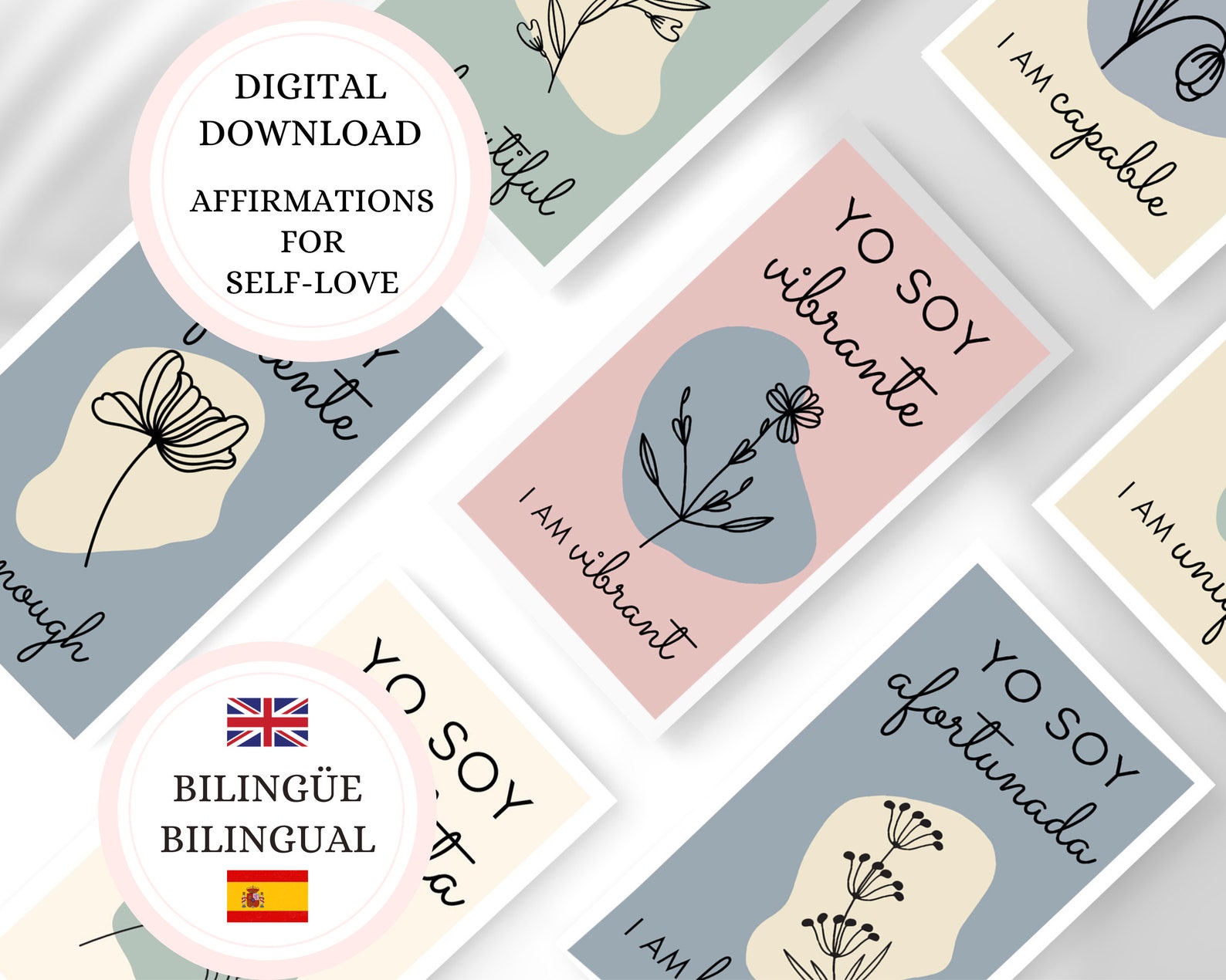 SPANISH TO ENGLISH Affirmation Cards for Self Love, Printable Positive ...