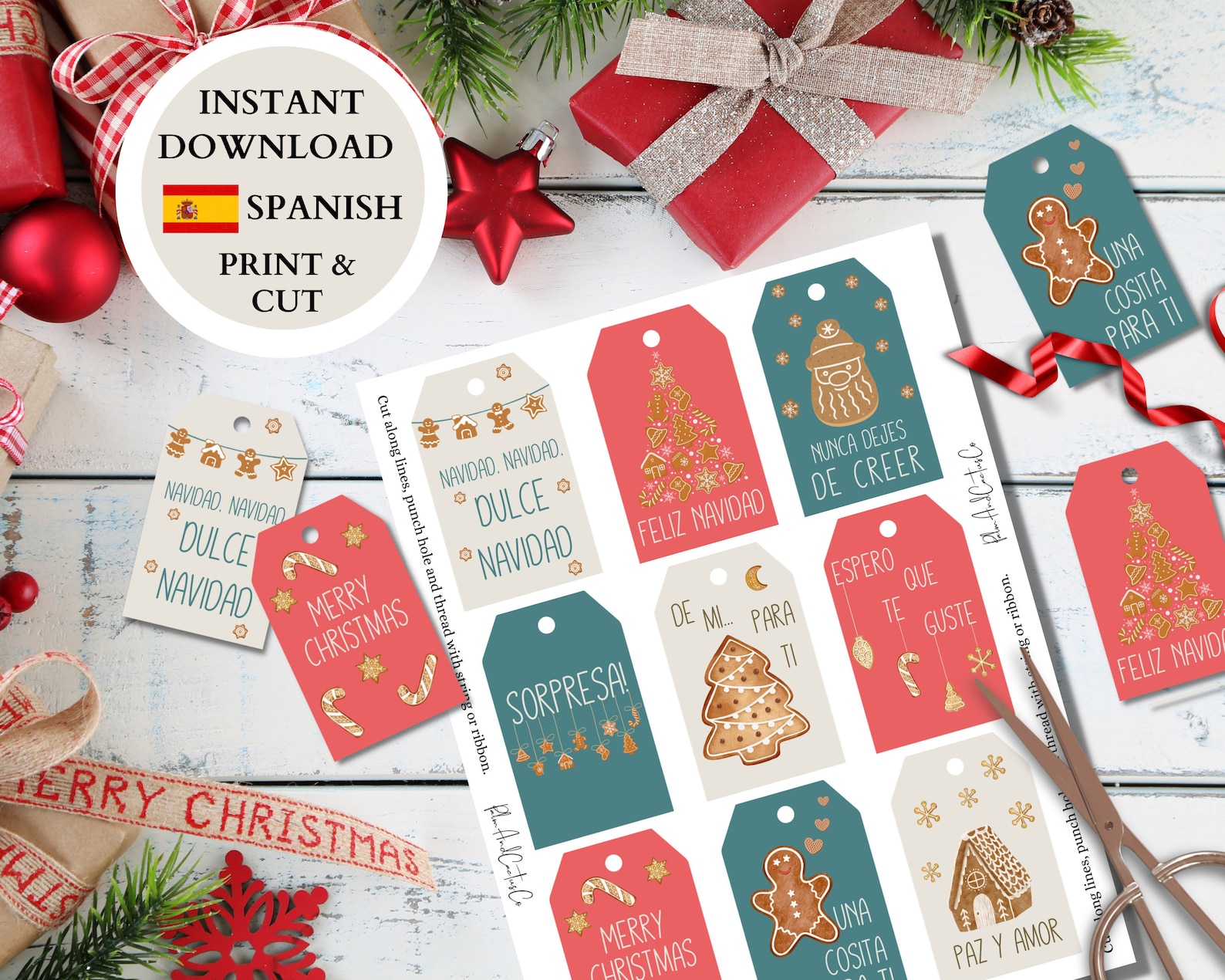 Gingerbread Spanish Christmas Gift Tags, Printable Feliz Navidad Hang ...