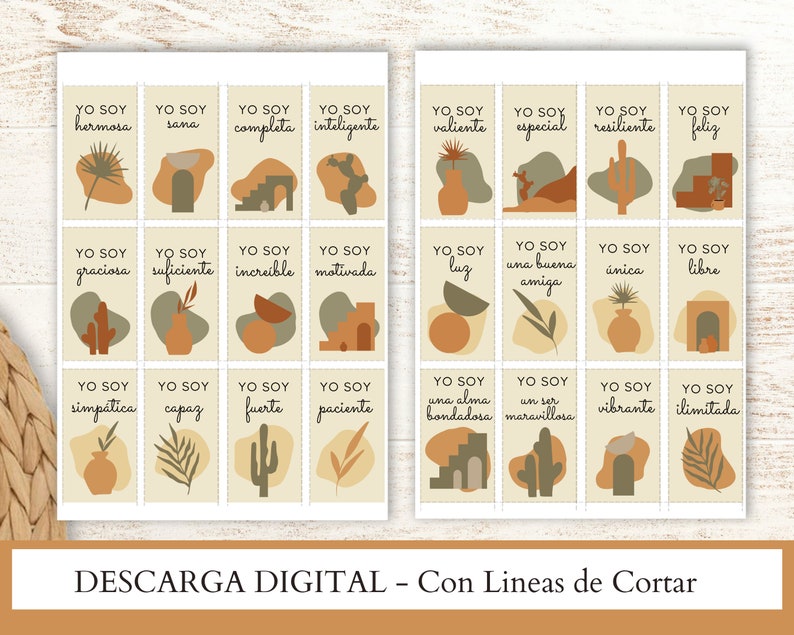 SPANISH Affirmation Cards Printable, Desert Theme Self Care Flashcards ...