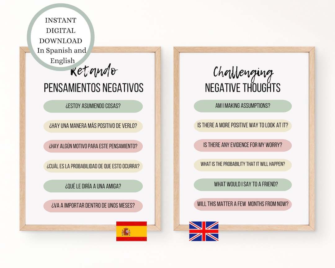 Spanish to English Challenging Negative Thoughts Printable, Bilingual ...