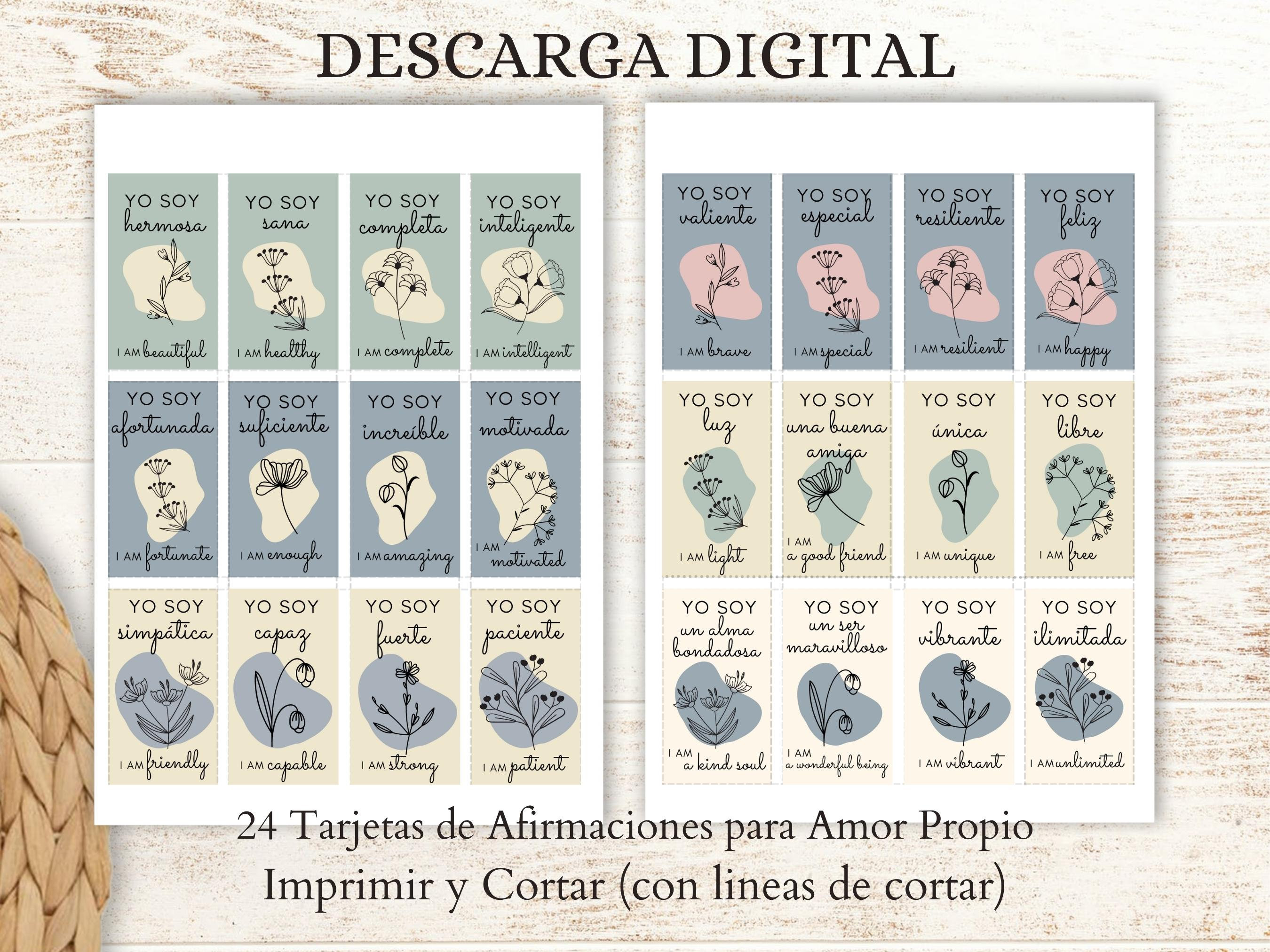 SPANISH TO ENGLISH Affirmation Cards for Self Love, Printable Positive ...