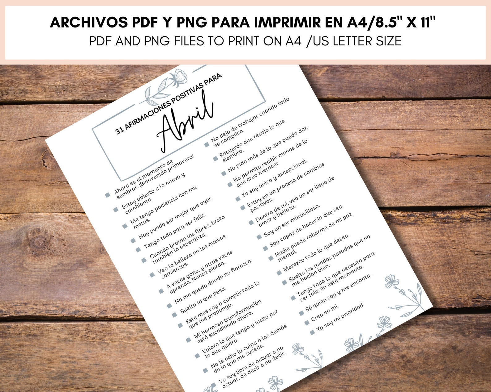 Printable Affirmation Checklist for April in Spanish, Motivational ...
