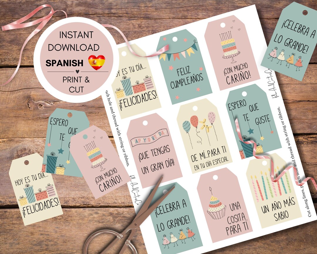 Spanish Printable Birthday Tags, Happy Birthday Gift Tags, Instant ...