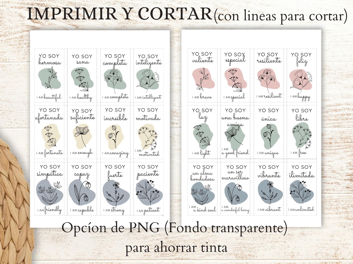 SPANISH TO ENGLISH Affirmation Cards for Self Love, Printable Positive ...