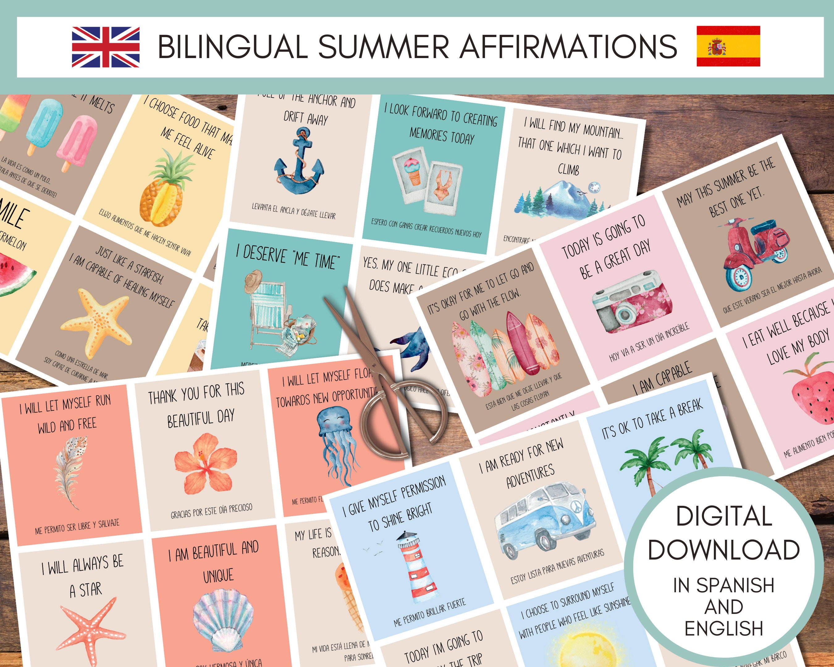 SPANISH TO ENGLISH Affirmation Cards, Self Care Printable, Motivational ...