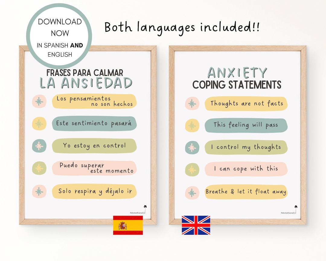 Anxiety Coping Statements Printable in Spanish and English, Self Care ...