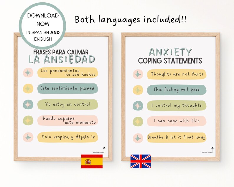 Anxiety Coping Skills Printable in Spanish and English, Self Care ...