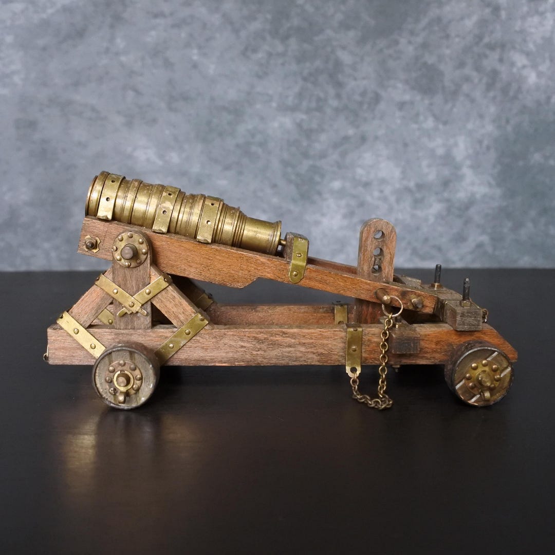 Vintage 15th Century Replica Wooden Brass Tabletop Display Model Cannon ...