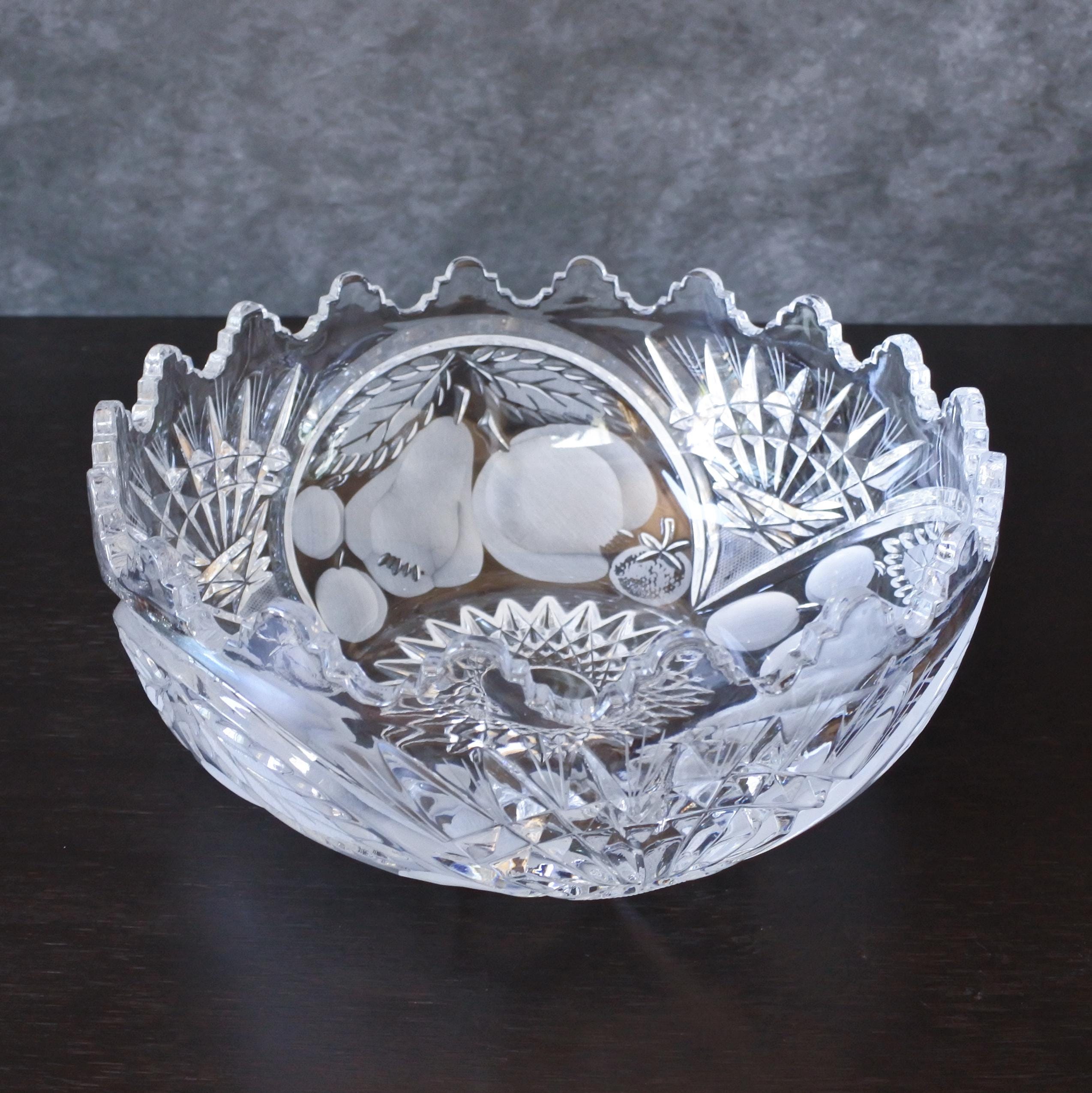 Vintage Large Crystal Vegetable Fruit Pattern Salad Serving Fruit Bowl ...